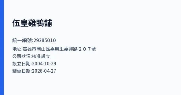 伍皇雞鴨舖的照片-統編 29385010(高雄市) 公司登記資料與營業項目詳細圖表