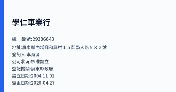 學仁車業行的照片-統編 29386643(屏東縣) 公司登記資料與營業項目詳細圖表