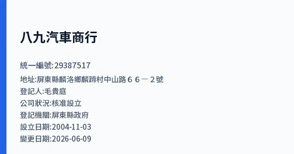 八九汽車商行的照片-統編 29387517(屏東縣) 公司登記資料與營業項目詳細圖表