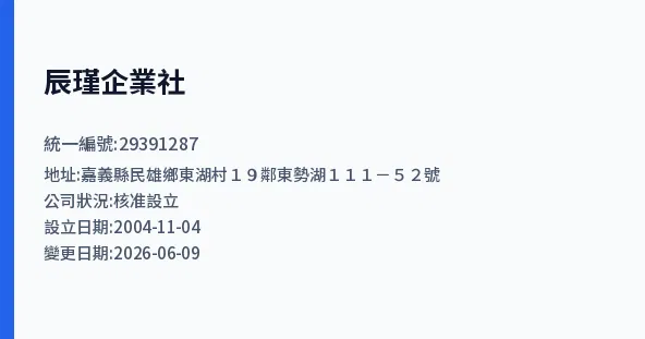辰瑾企業社的照片-統編 29391287(嘉義縣) 公司登記資料與營業項目詳細圖表