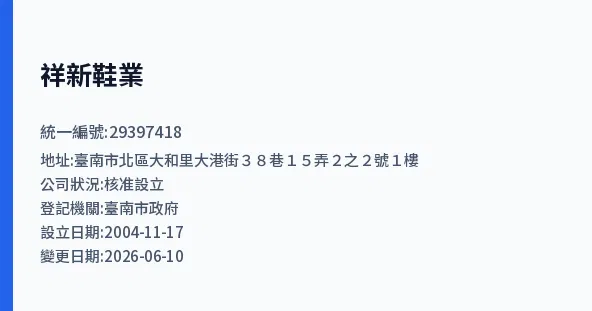 祥新鞋業的照片-統編 29397418(臺南市) 公司登記資料與營業項目詳細圖表