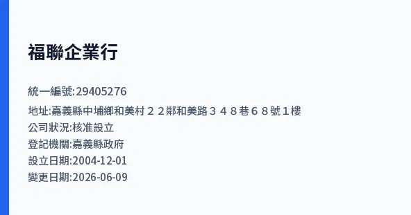 福聯企業行的照片-統編 29405276(嘉義縣) 公司登記資料與營業項目詳細圖表