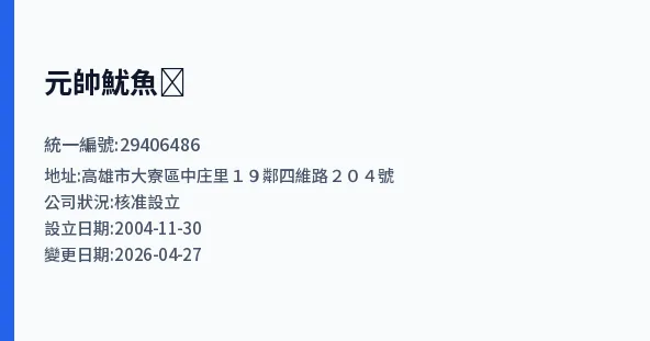 元帥魷魚焿的照片-統編 29406486(高雄市) 公司登記資料與營業項目詳細圖表