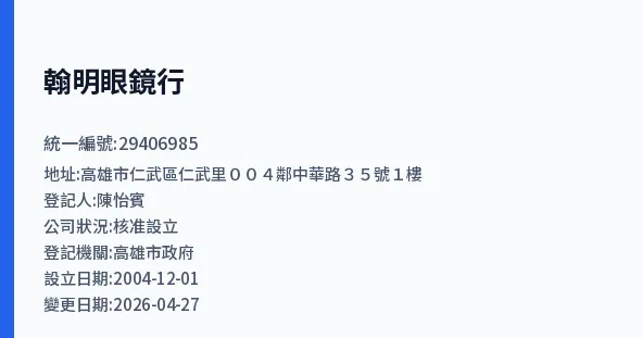 翰明眼鏡行的照片-統編 29406985(高雄市) 公司登記資料與營業項目詳細圖表