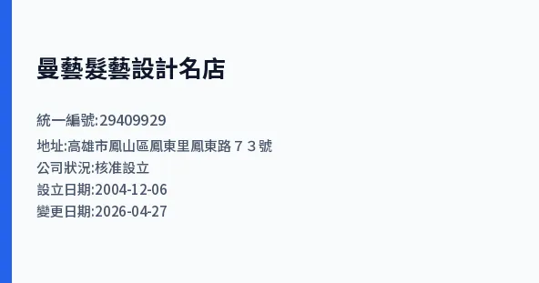 曼藝髮藝設計名店的照片-統編 29409929(高雄市) 公司登記資料與營業項目詳細圖表
