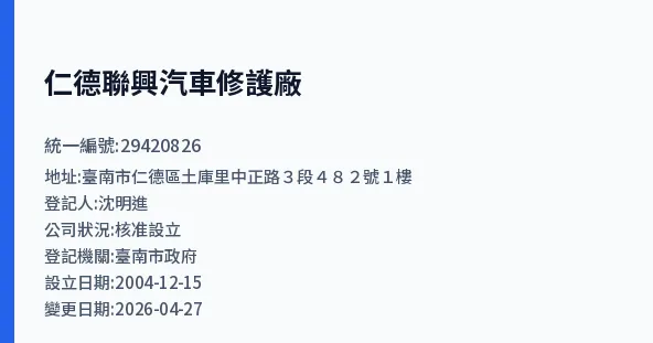 仁德聯興汽車修護廠的照片-統編 29420826(臺南市) 公司登記資料與營業項目詳細圖表