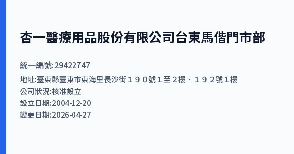 杏一醫療用品股份有限公司台東馬偕門市部的照片-統編 29422747(臺東縣) 公司登記資料與營業項目詳細圖表