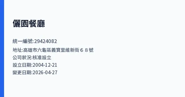 儷園餐廳的照片-統編 29424082(高雄市) 公司登記資料與營業項目詳細圖表