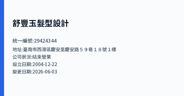 舒豐玉髮型設計的照片-統編 29424344(臺南市) 公司登記資料與營業項目詳細圖表
