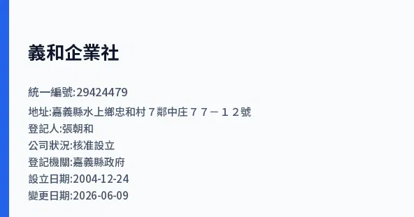 義和企業社的照片-統編 29424479(嘉義縣) 公司登記資料與營業項目詳細圖表