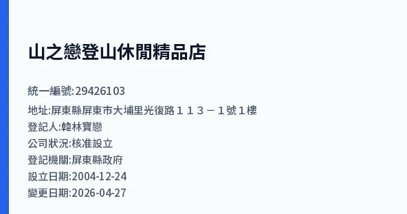 山之戀登山休閒精品店的照片-統編 29426103(屏東縣) 公司登記資料與營業項目詳細圖表