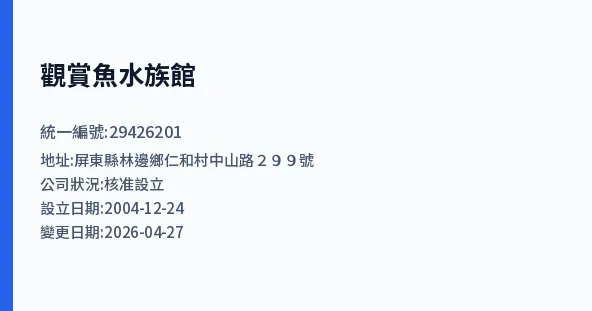 觀賞魚水族館的照片-統編 29426201(屏東縣) 公司登記資料與營業項目詳細圖表