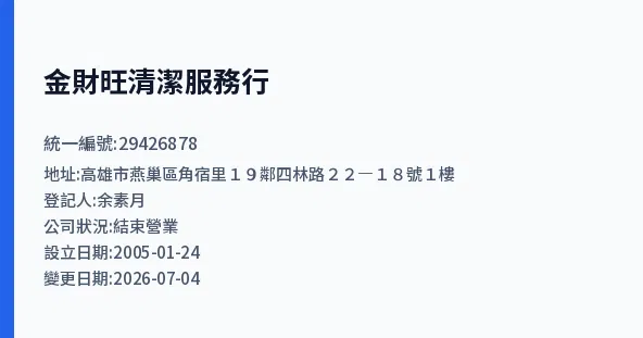 金財旺清潔服務行的照片-統編 29426878(高雄市) 公司登記資料與營業項目詳細圖表