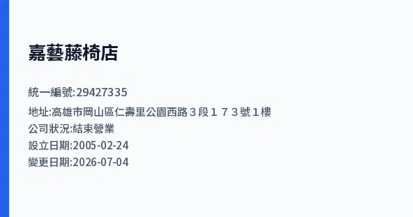 嘉藝藤椅店的照片-統編 29427335(高雄市) 公司登記資料與營業項目詳細圖表