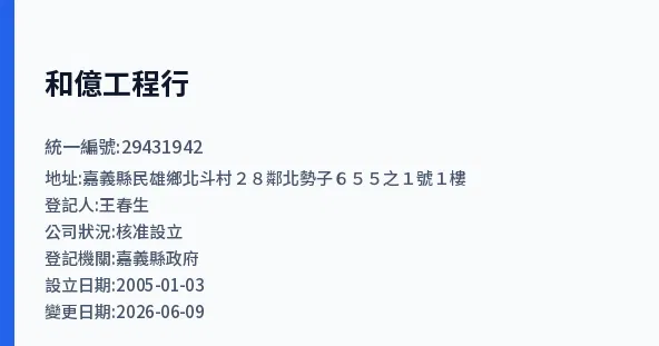 和億工程行的照片-統編 29431942(嘉義縣) 公司登記資料與營業項目詳細圖表