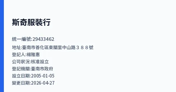 斯奇服裝行的照片-統編 29433462(臺南市) 公司登記資料與營業項目詳細圖表