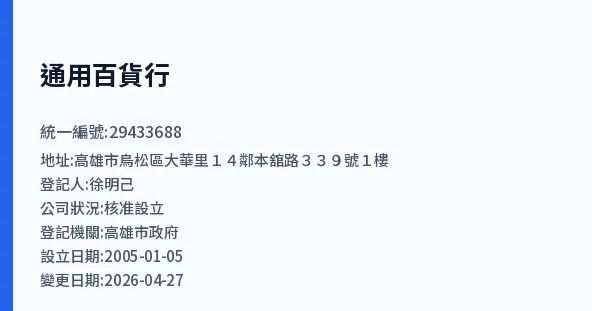 通用百貨行的照片-統編 29433688(高雄市) 公司登記資料與營業項目詳細圖表