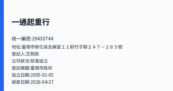 一通起重行的照片-統編 29433744(臺南市) 公司登記資料與營業項目詳細圖表