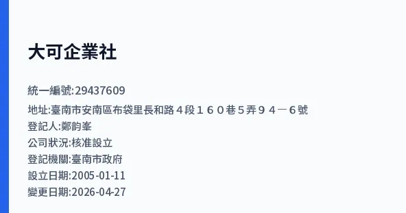 大可企業社的照片-統編 29437609(臺南市) 公司登記資料與營業項目詳細圖表