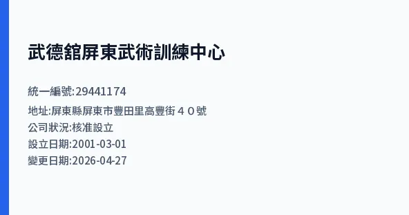 武德舘屏東武術訓練中心的照片-統編 29441174(屏東縣) 公司登記資料與營業項目詳細圖表
