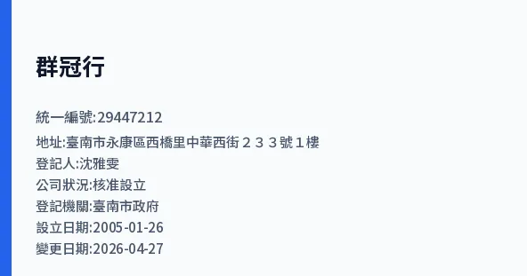 群冠行的照片-統編 29447212(臺南市) 公司登記資料與營業項目詳細圖表