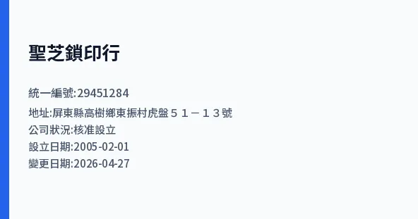 聖芝鎖印行的照片-統編 29451284(屏東縣) 公司登記資料與營業項目詳細圖表