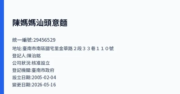 陳媽媽汕頭意麵的照片-統編 29456529(臺南市) 公司登記資料與營業項目詳細圖表