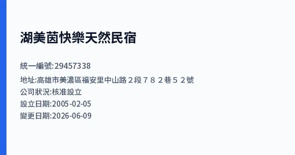 湖美茵快樂天然民宿的照片-統編 29457338(高雄市) 公司登記資料與營業項目詳細圖表
