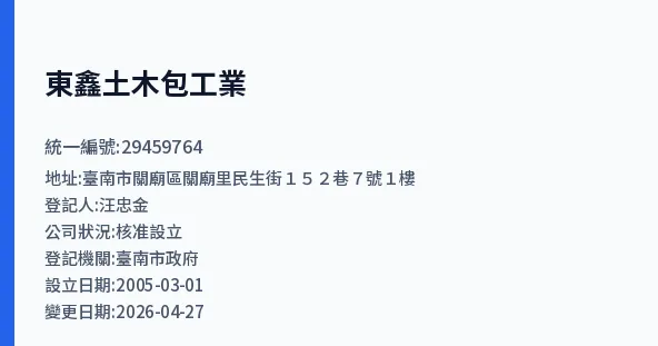 東鑫土木包工業的照片-統編 29459764(臺南市) 公司登記資料與營業項目詳細圖表