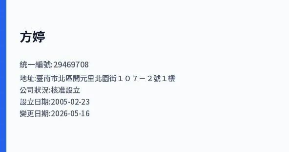 方婷的照片-統編 29469708(臺南市) 公司登記資料與營業項目詳細圖表