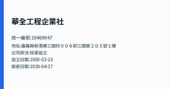 華全工程企業社的照片-統編 29469947(嘉義縣) 公司登記資料與營業項目詳細圖表