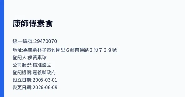 康師傅素食的照片-統編 29470070(嘉義縣) 公司登記資料與營業項目詳細圖表