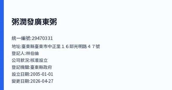 粥潤發廣東粥的照片-統編 29470331(臺東縣) 公司登記資料與營業項目詳細圖表