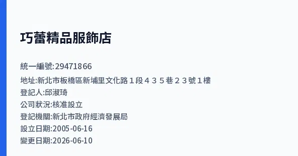 巧蕾精品服飾店的照片-統編 29471866(新北市) 公司登記資料與營業項目詳細圖表