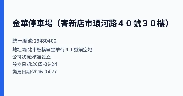 金華停車場(寄新店市環河路40號30樓)的照片-統編 29480400(新北市) 公司登記資料與營業項目詳細圖表