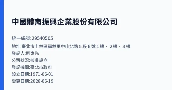 中國體育振興企業股份有限公司的照片-統編 29540505(臺北市) 公司登記資料與營業項目詳細圖表