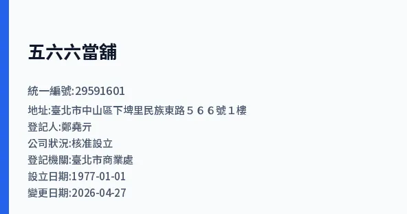 五六六當舖的照片-統編 29591601(臺北市) 公司登記資料與營業項目詳細圖表