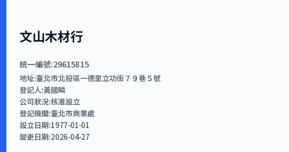 文山木材行的照片-統編 29615815(臺北市) 公司登記資料與營業項目詳細圖表