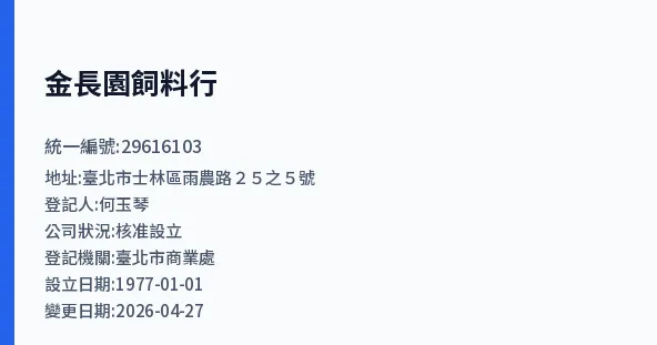 金長園飼料行的照片-統編 29616103(臺北市) 公司登記資料與營業項目詳細圖表