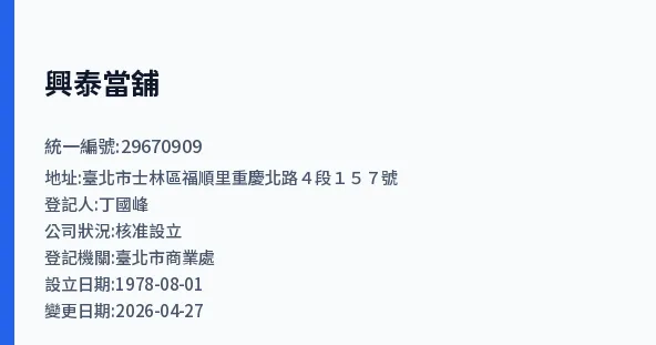 興泰當舖的照片-統編 29670909(臺北市) 公司登記資料與營業項目詳細圖表