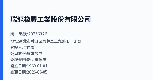 瑞龍橡膠工業股份有限公司的照片-統編 29736326(新北市) 公司登記資料與營業項目詳細圖表