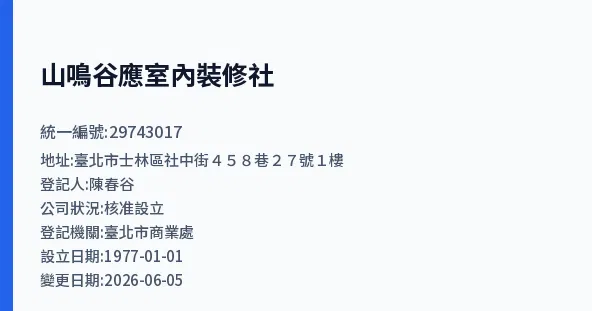 山鳴谷應室內裝修社的照片-統編 29743017(臺北市) 公司登記資料與營業項目詳細圖表