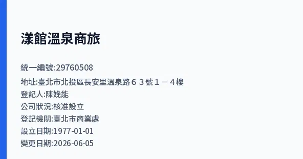 漾館溫泉商旅的照片-統編 29760508(臺北市) 公司登記資料與營業項目詳細圖表