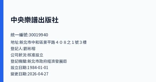 中央樂譜出版社的照片-統編 30019940(新北市) 公司登記資料與營業項目詳細圖表