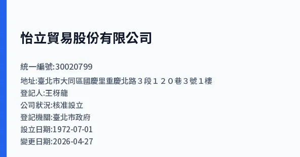 怡立貿易股份有限公司的照片-統編 30020799(臺北市) 公司登記資料與營業項目詳細圖表