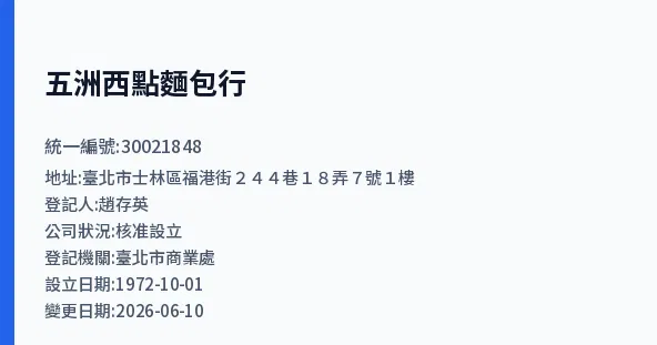 五洲西點麵包行的照片-統編 30021848(臺北市) 公司登記資料與營業項目詳細圖表