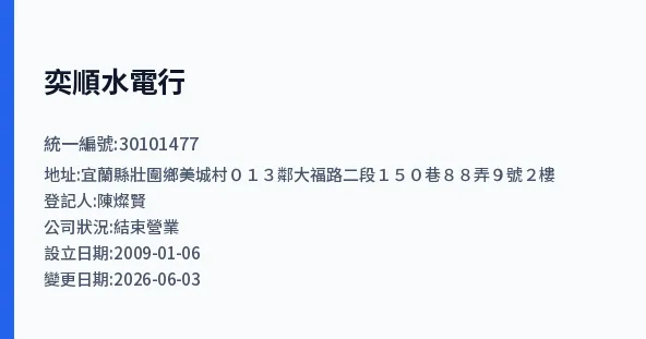 奕順水電行的照片-統編 30101477(宜蘭縣) 公司登記資料與營業項目詳細圖表