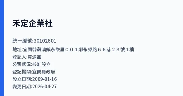 禾定企業社的照片-統編 30102601(宜蘭縣) 公司登記資料與營業項目詳細圖表