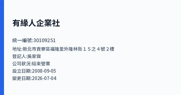 有緣人企業社的照片-統編 30109251(新北市) 公司登記資料與營業項目詳細圖表