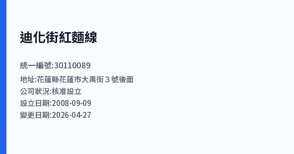迪化街紅麵線的照片-統編 30110089(花蓮縣) 公司登記資料與營業項目詳細圖表